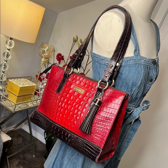 Brahmin | Bags | Brahmin Red And Brown Croc Textured Shoulder Bag Tote ...